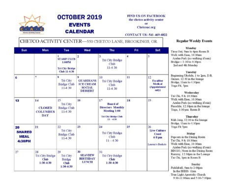 October 2019 Events Calendar | Chetco Activity Center